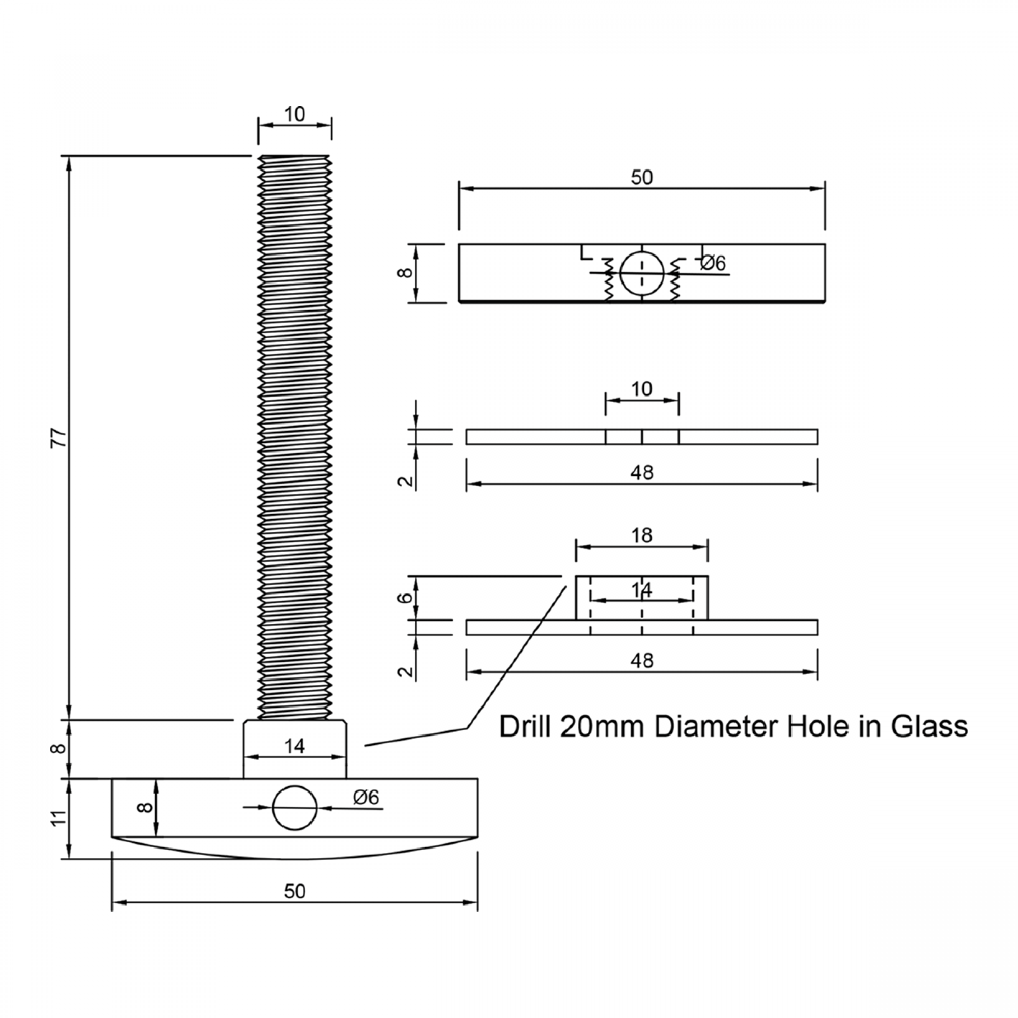 50mm Point Fixture M10 x 90 Bolt-316 SSS (Certified)